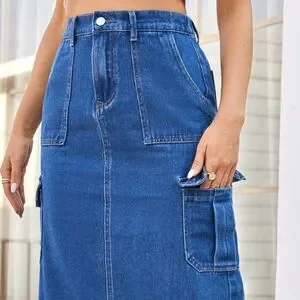 Skirts | Highrise Midi Retro Cargo Side Pocket Elastic Waist Denim Jean ...
